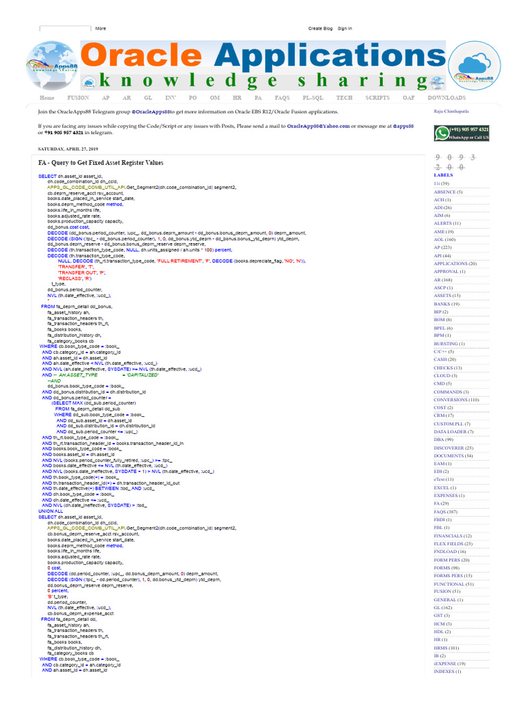 Oracle Applications - FA - Query To Get Fixed Asset Register Values | PDF