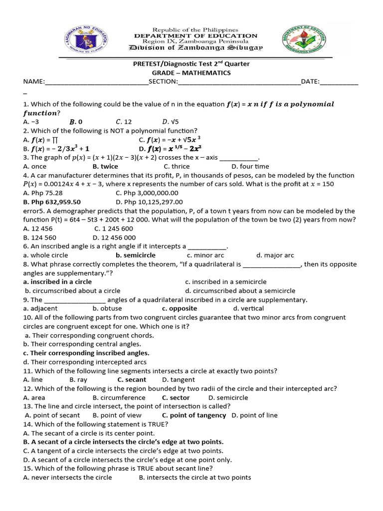Grade 10 Math Pretest | PDF | Circle | Area