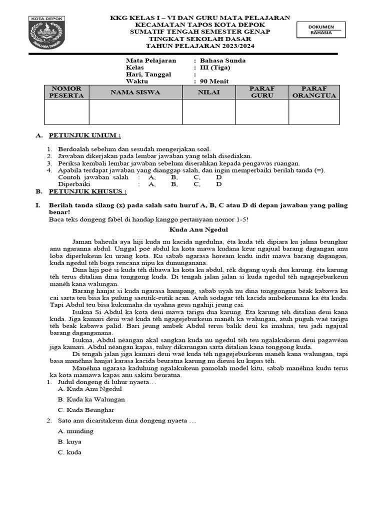 SOAL - Kelas 3 - PTS GENAP - 2023-2024 | PDF