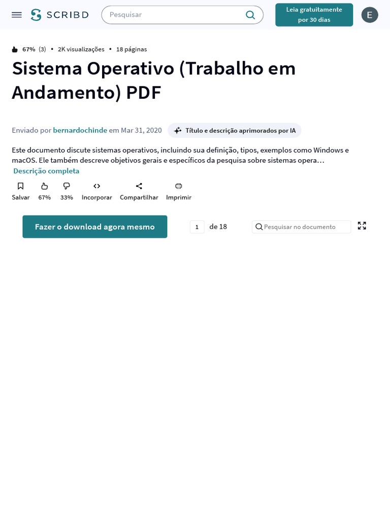 Sistema Operativo (Trabalho em Andamento) PDF - PDF - Sistema ...