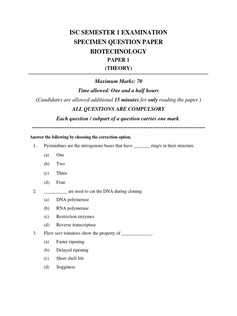 Biotech Exam: ISC Specimen Paper | PDF | Dna Replication | Dna