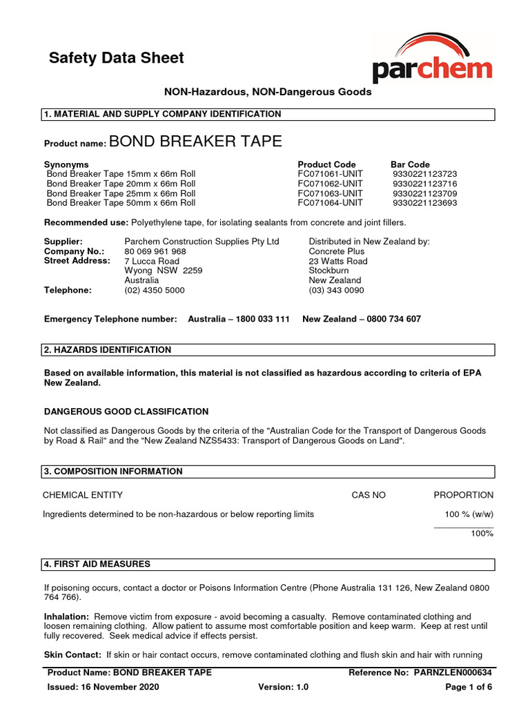 Bond Breaker Tape-Nz SDS | PDF | Toxicity | Personal Protective Equipment