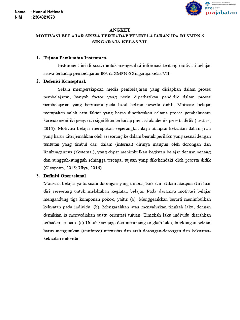 T1. Angket Husnul Hatimah (2364823078) | PDF