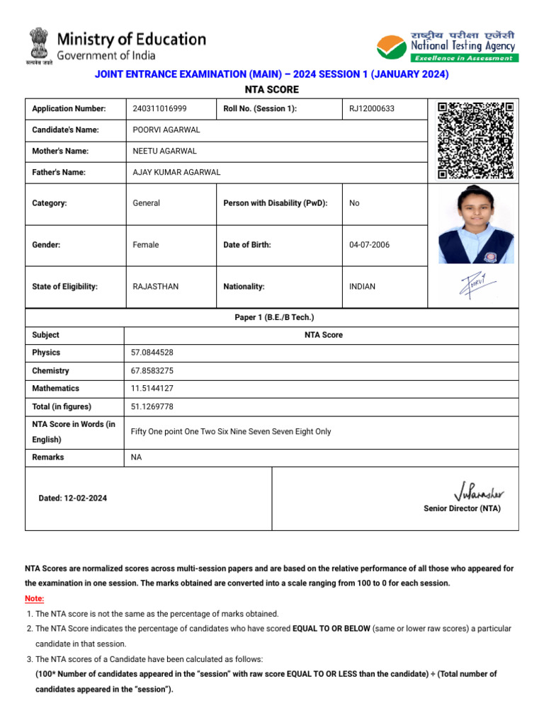 JEE Main 2024 Session 1 Scorecard | PDF | Educational Assessment And ...