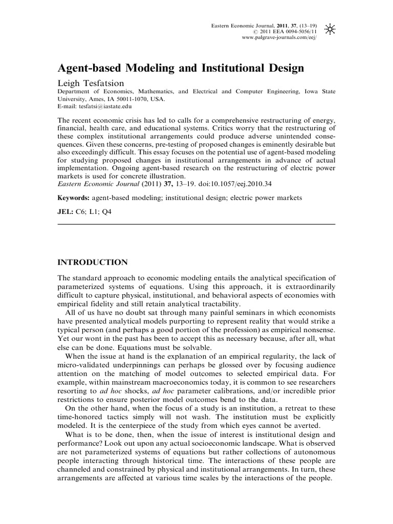 Agent Based Modelling and Institutional Design | PDF