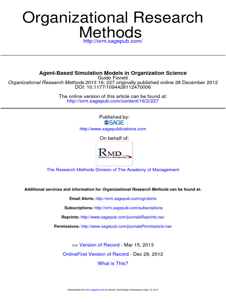 Agent Based Simulation Models in Organization Science | PDF
