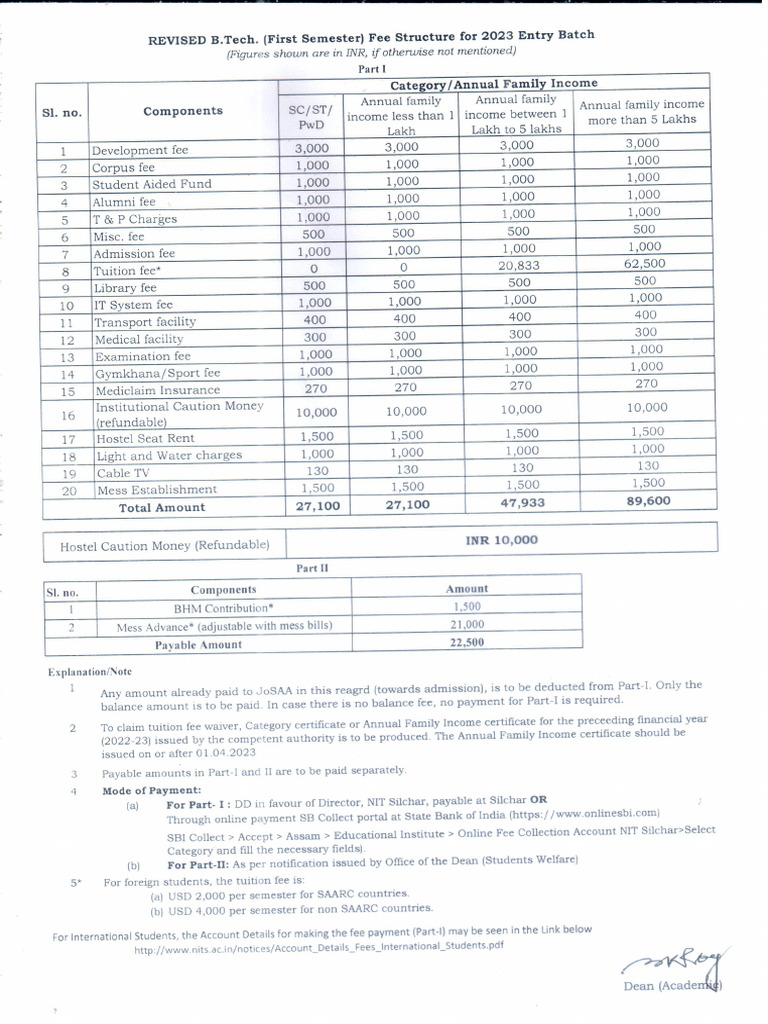 REVISED B.tech 1st Sem 2023 Fee Structure | PDF