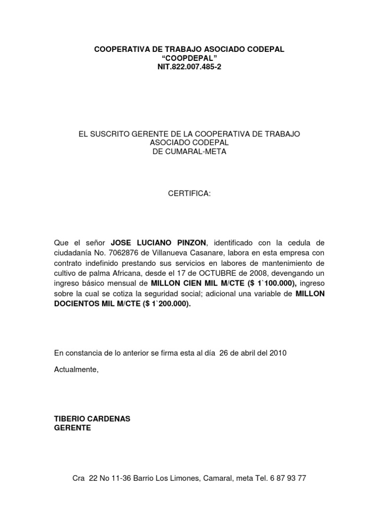 Certificación Laboral de CODEPAL | PDF