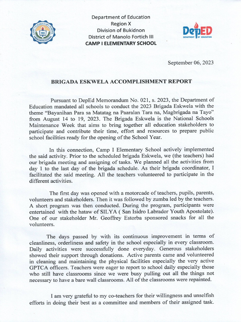 Brigada Eskwela Accomplishment Report-Camp 1 ES | PDF