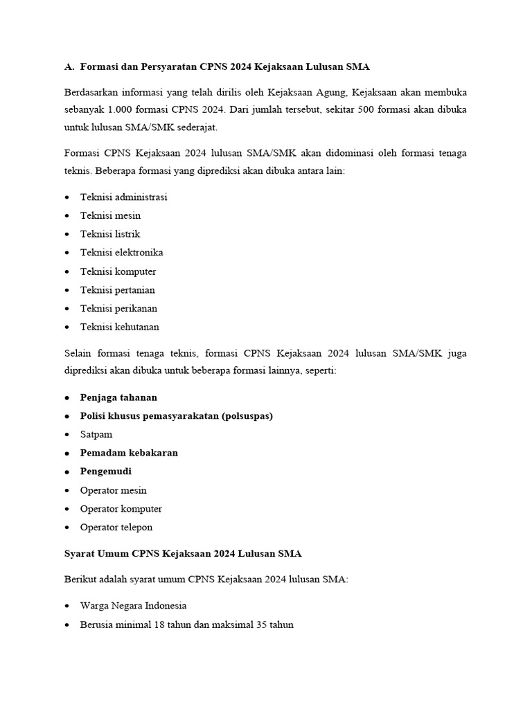Formasi Dan Persyaratan CPNS 2024 Kejaksaan Lulusan SMA | PDF