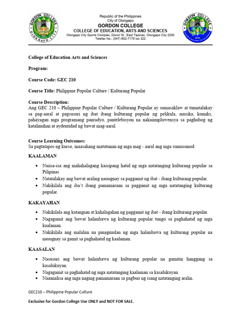 GEC 210 Philippine Popular Culture MODULE | PDF