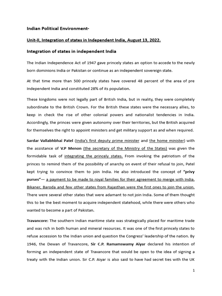 IPE Unit II - Integration of States in Independent India | PDF