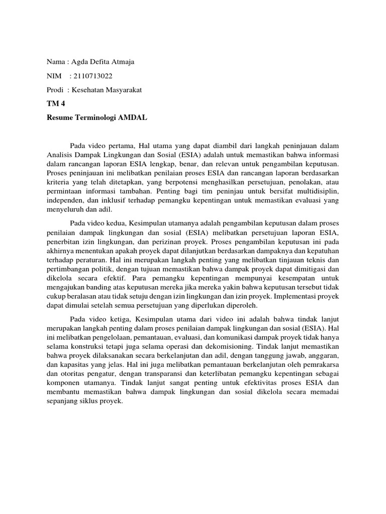 Agda Defita Atmaja - 2110713022 - Resume AMDAL TM 4 | PDF | Bisnis