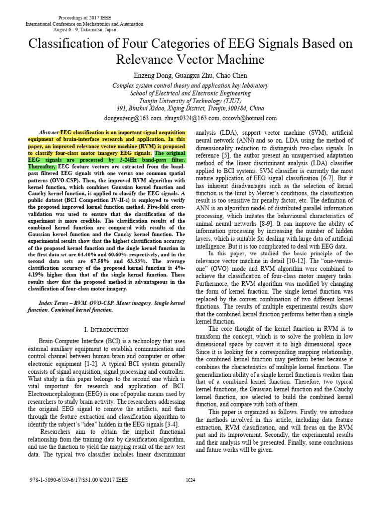 Classification of Four Categories of EEG Signals Based On Relevance Vector Machine | PDF ...