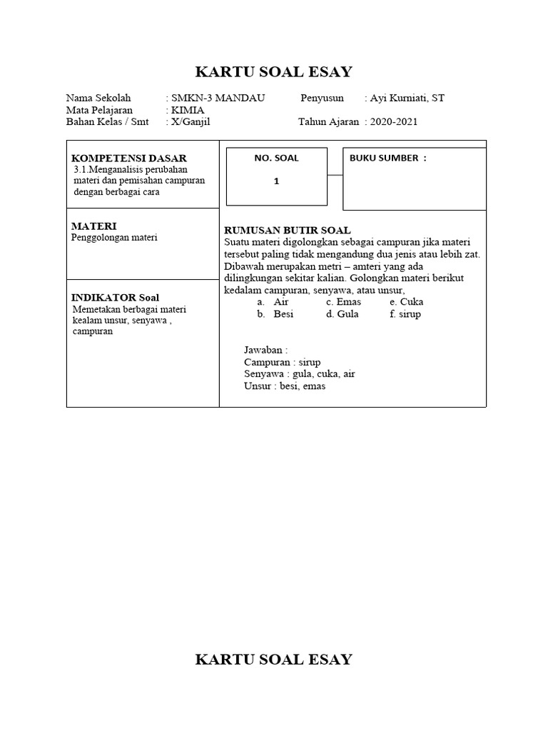 Kartu Soal Esay Kimia | PDF