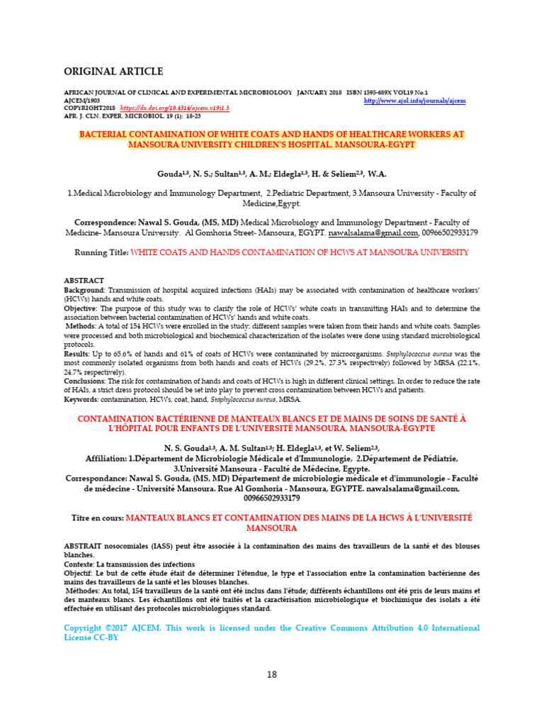 Bacterial Contamination of White Coats A | PDF