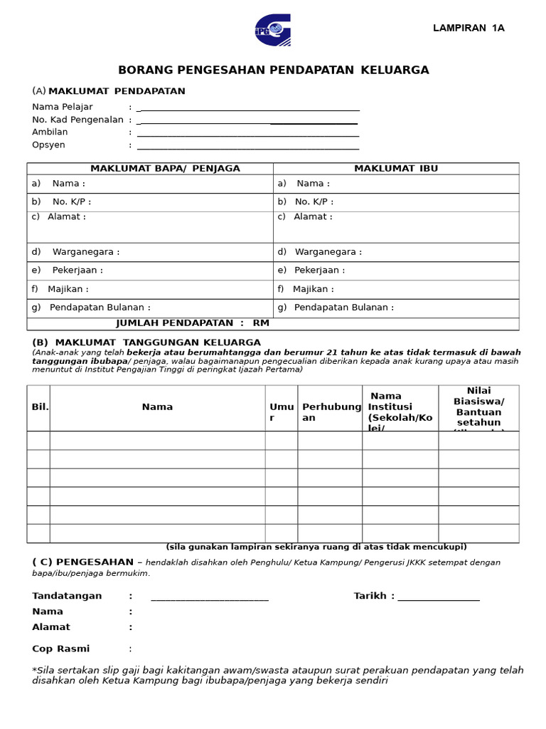 Borang Pengesahan Pendapatan Keluarga - Compress | PDF