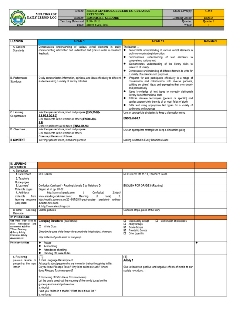 Sample MG Lesson Plan English | PDF | Learning | Differentiated Instruction