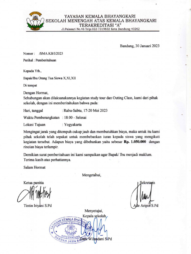 Surat Pemberitahuan Study Tour 2023 | PDF