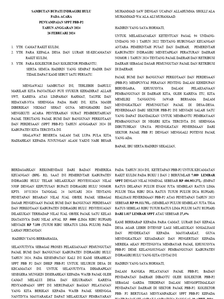 Rakit Kulim - Sambutan Penyampaian SPPT PBB-P2 Tahun 2024 | PDF