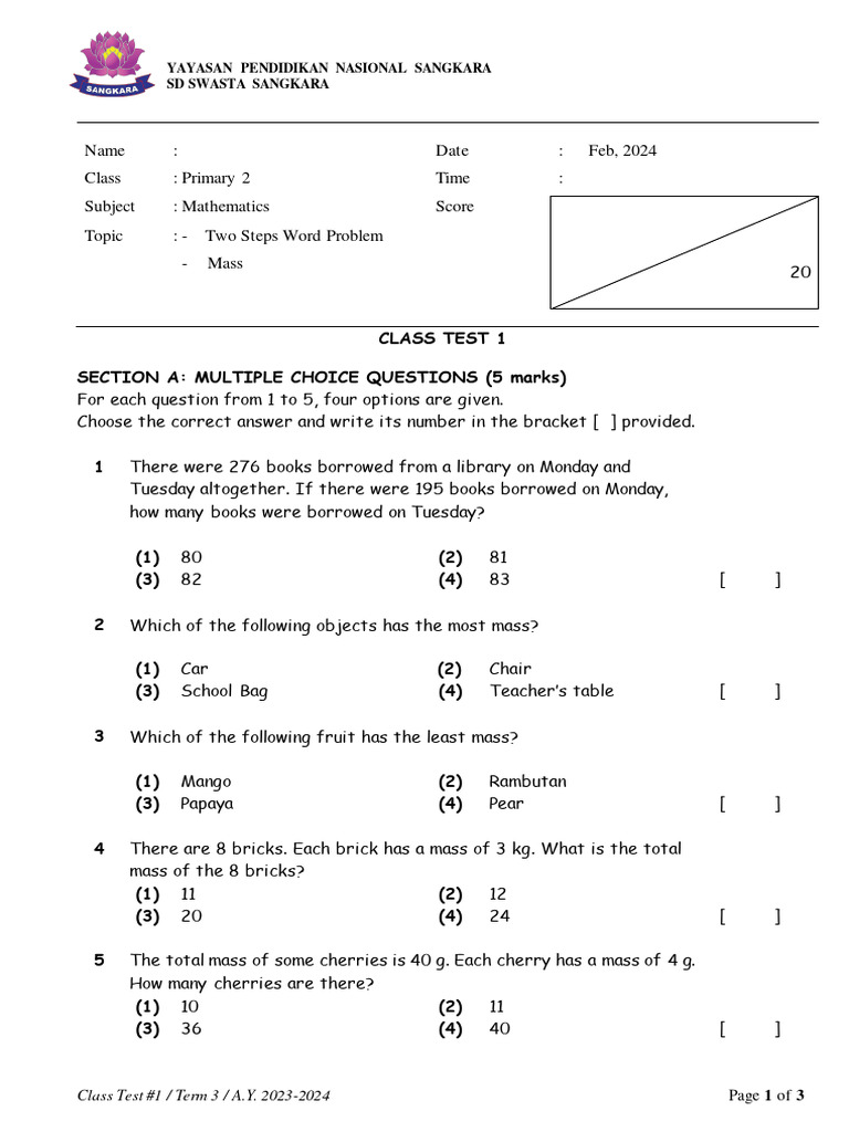 CLASS TEST 1 MATH Term 3 - Primary 2 | PDF