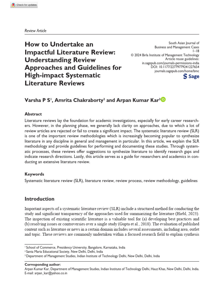 Varsha P S Et Al 2024 How To Undertake An Impactful Literature Review Understanding Review ...