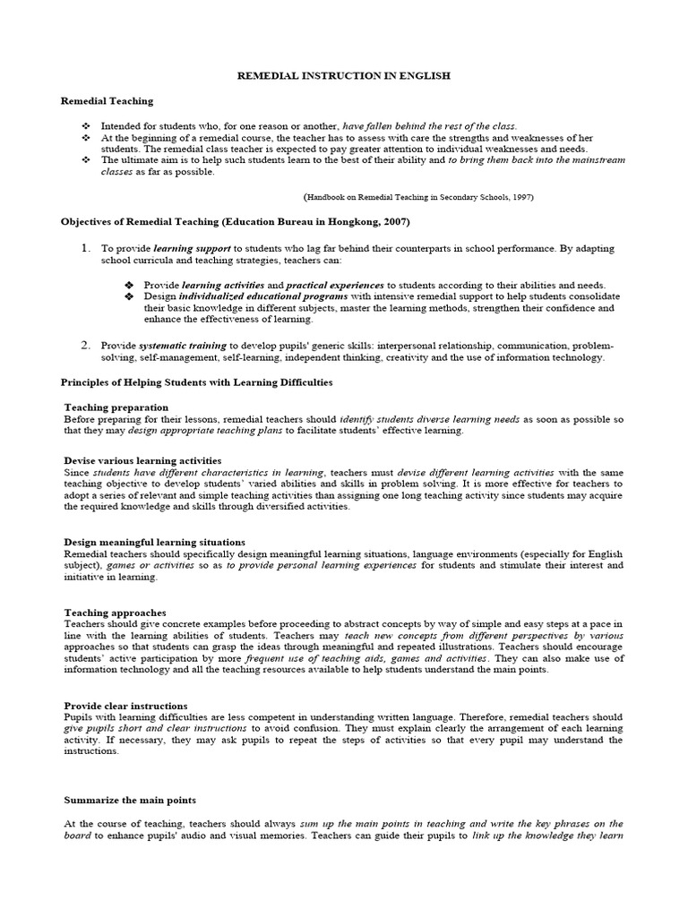 Remedial Instruction in English Final Handout 1 | PDF