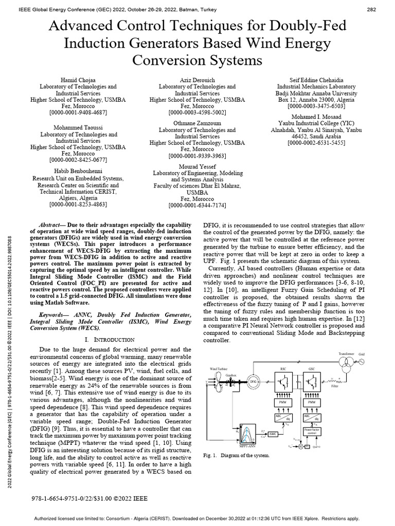 Advanced Control Techniques For Doubly Fed Induction Generators Based Wind Energy Conversion