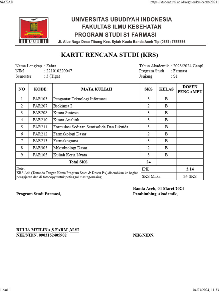 KRS Semester 3 Farmasi Zahra | PDF