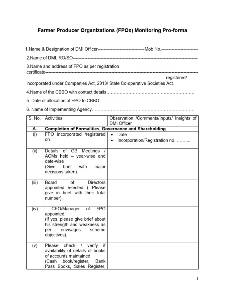 FPOs Monitoring Pro-Forma | PDF | Business