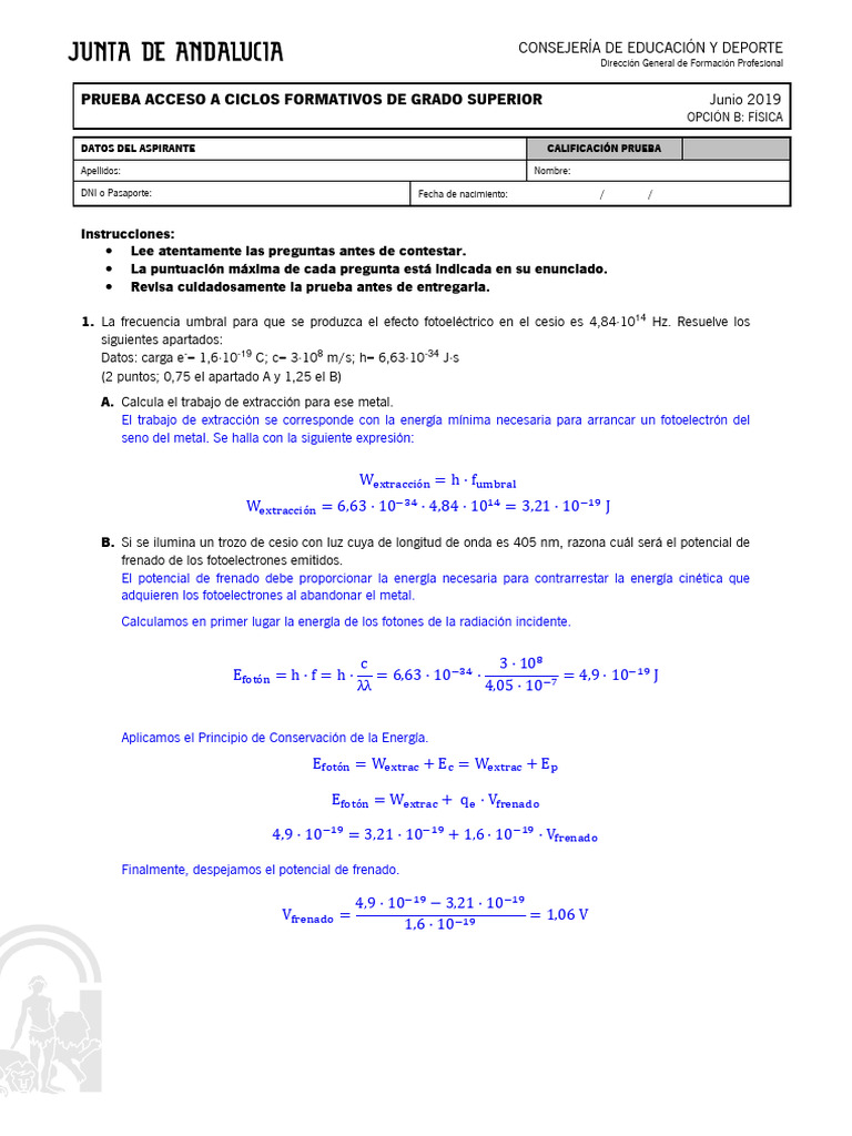 Examen Fisica Junio 2019 (Solucionado) | PDF