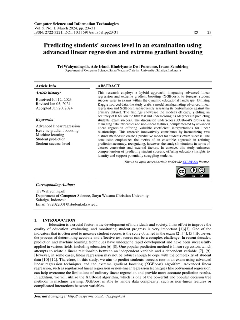Predicting Students' Success Level in An Examination Using Advanced Linear Regression and ...