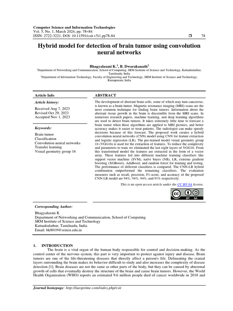 Hybrid Model For Detection of Brain Tumor Using Convolution Neural Networks | PDF