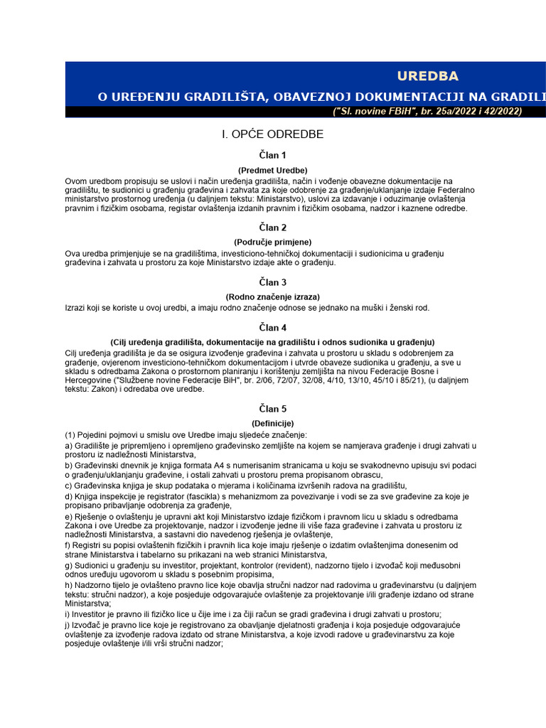 Uredba o Uredjenju Gradilista - Precisceni Tekst Sa Izmjenama | PDF