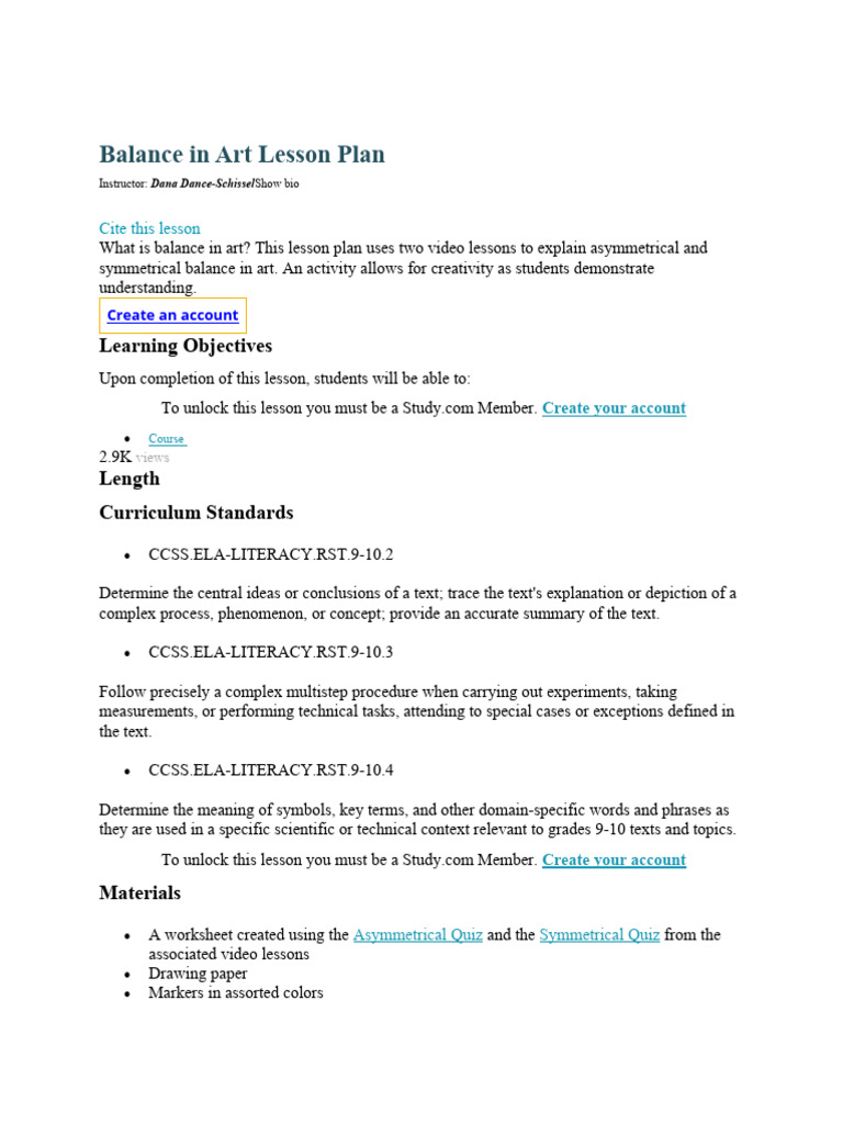 Balance in Art Lesson Plan | PDF