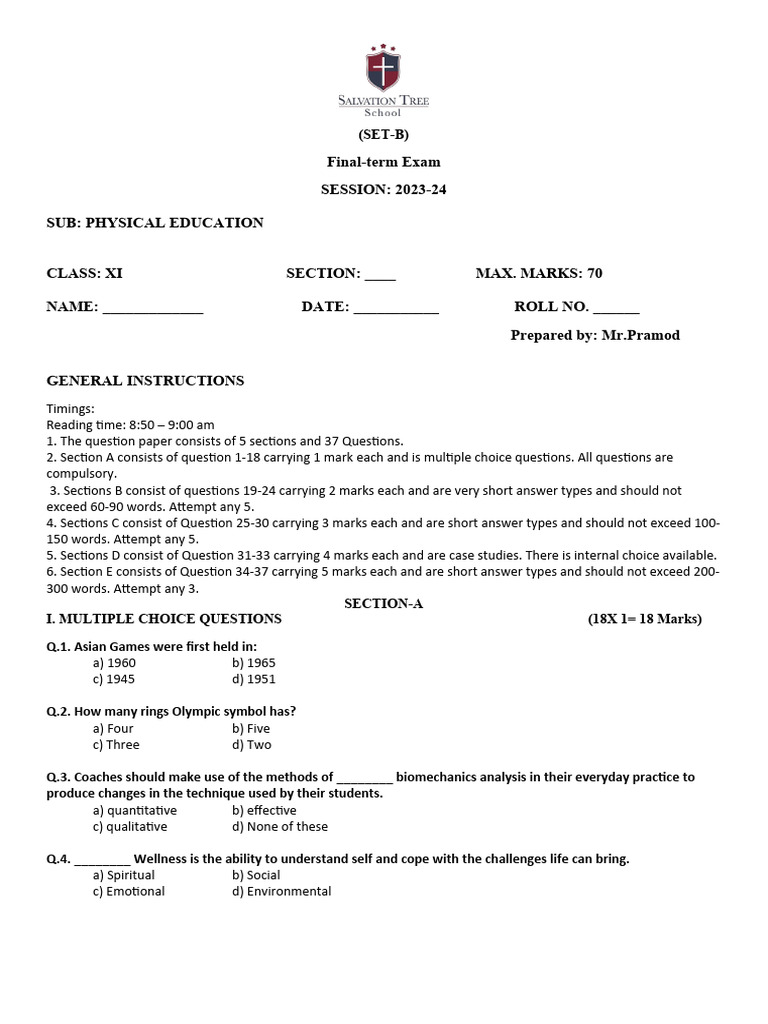 XI PE Final Term Exam Paper Set 1 | PDF