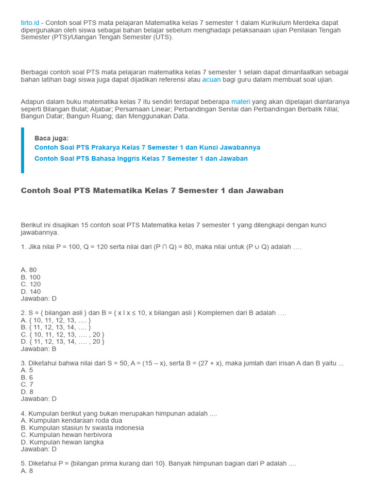 Contoh Soal PTS Matematika Kelas 7 | PDF
