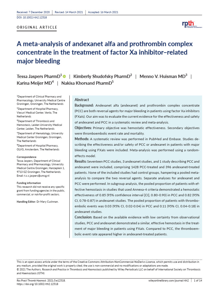 A Meta-Analysis of Andexanet Alfa and Prothrombin | PDF | Risk | Bleeding
