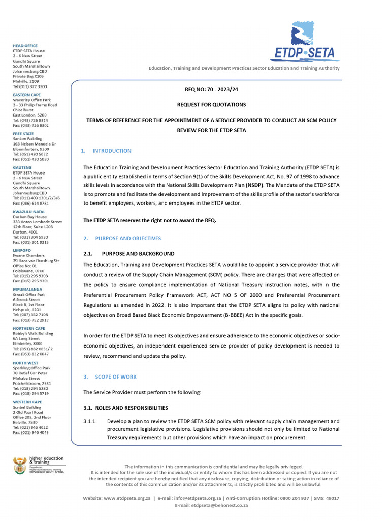 SCM Policy Review RFQ for ETDP SETA | PDF