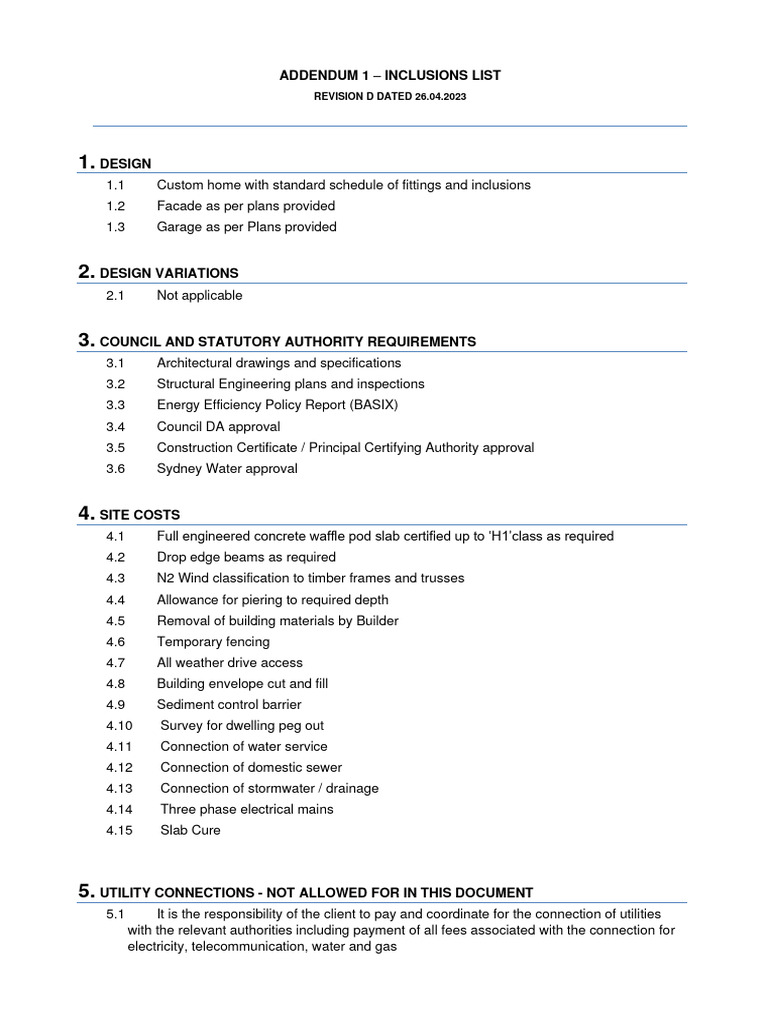 Inclusions List Rev D 26.04.23 | PDF | Bathroom | Building Engineering