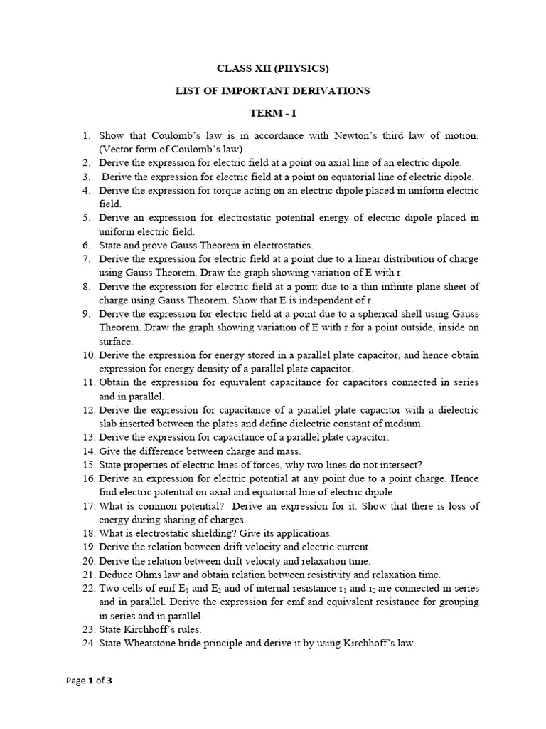 LIST OF IMPORTANT DERIVATIONS - CLASS XII (PHYSICS) Term 1 | PDF | Inductance | Magnetic Field