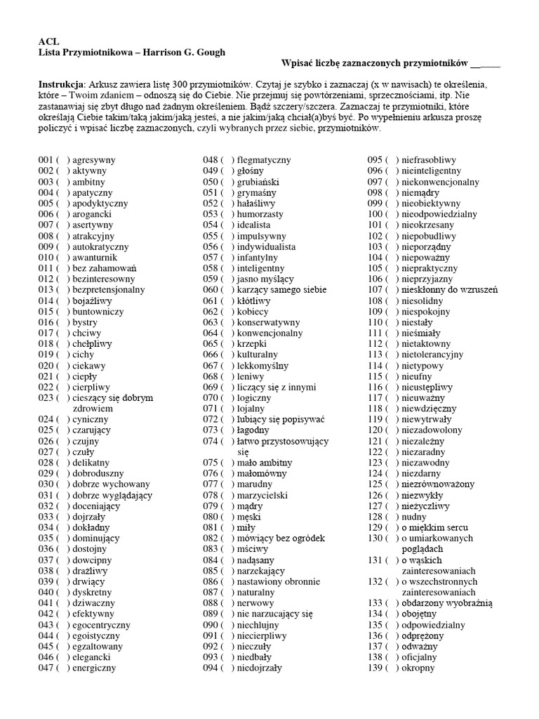 ACL Lista Przymiotnikowa (wydruk i wypełnienie) | PDF