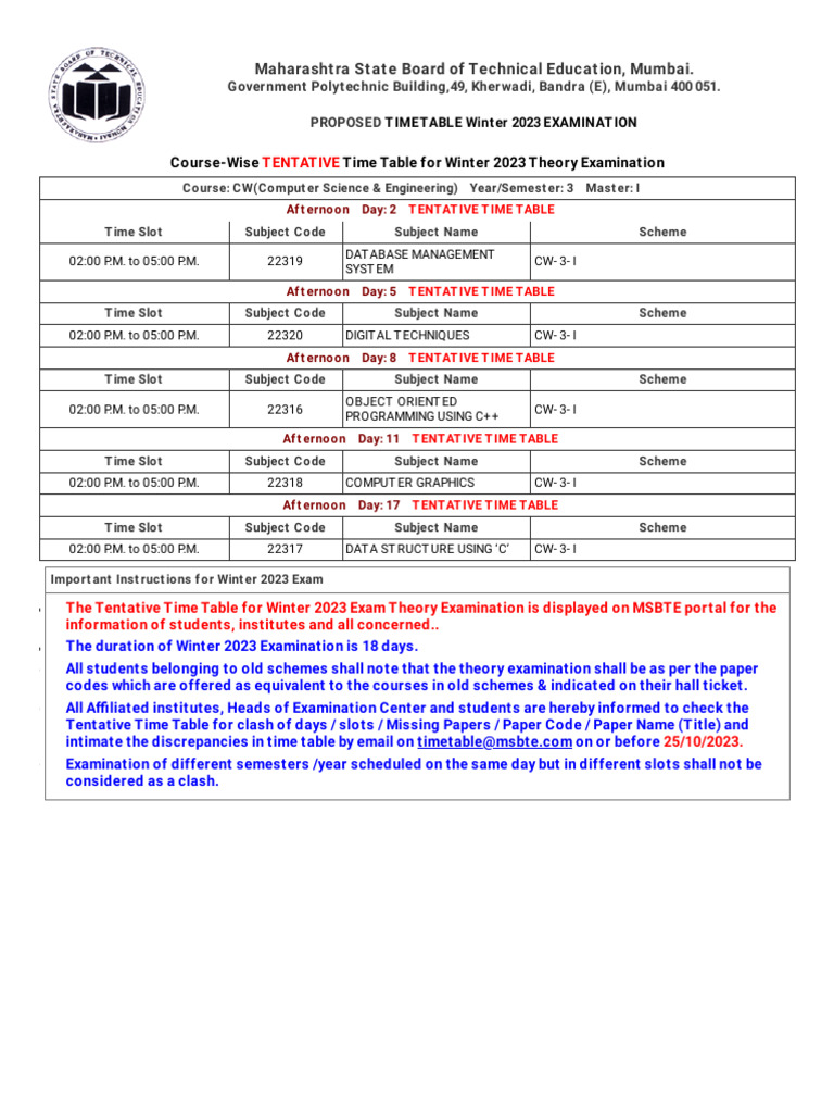 Time Table For Winter 2023 Theory Examination | PDF