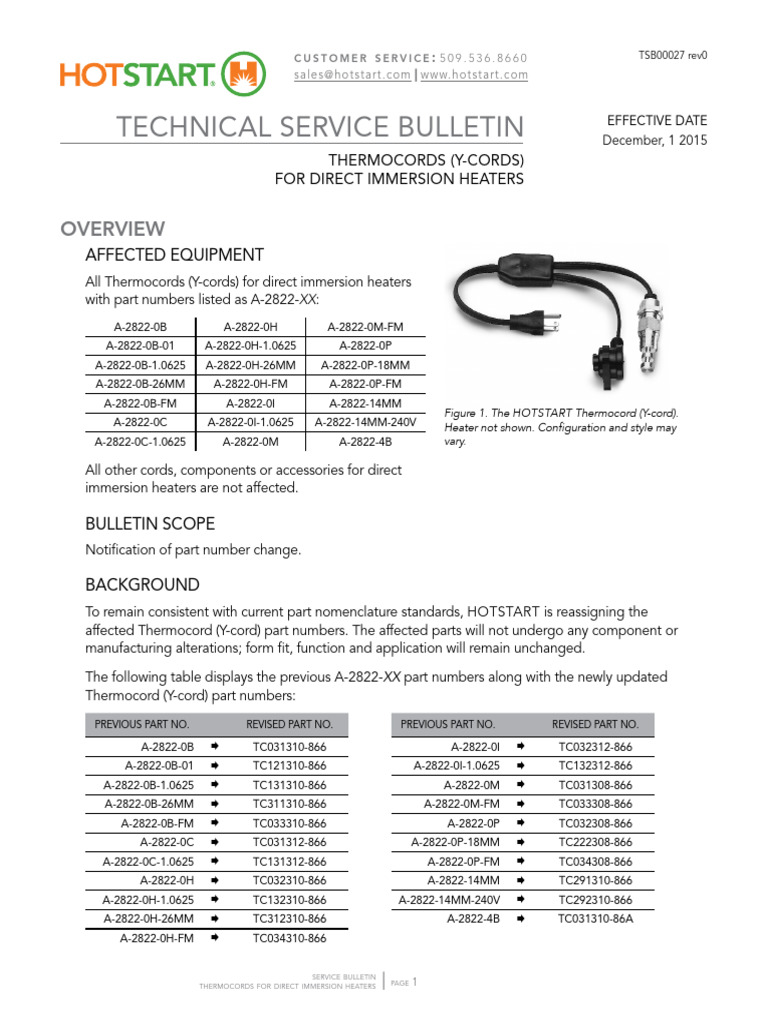 HOTSTART Bulletin Y Cord Part Numbers 120115 | PDF | Manufactured Goods