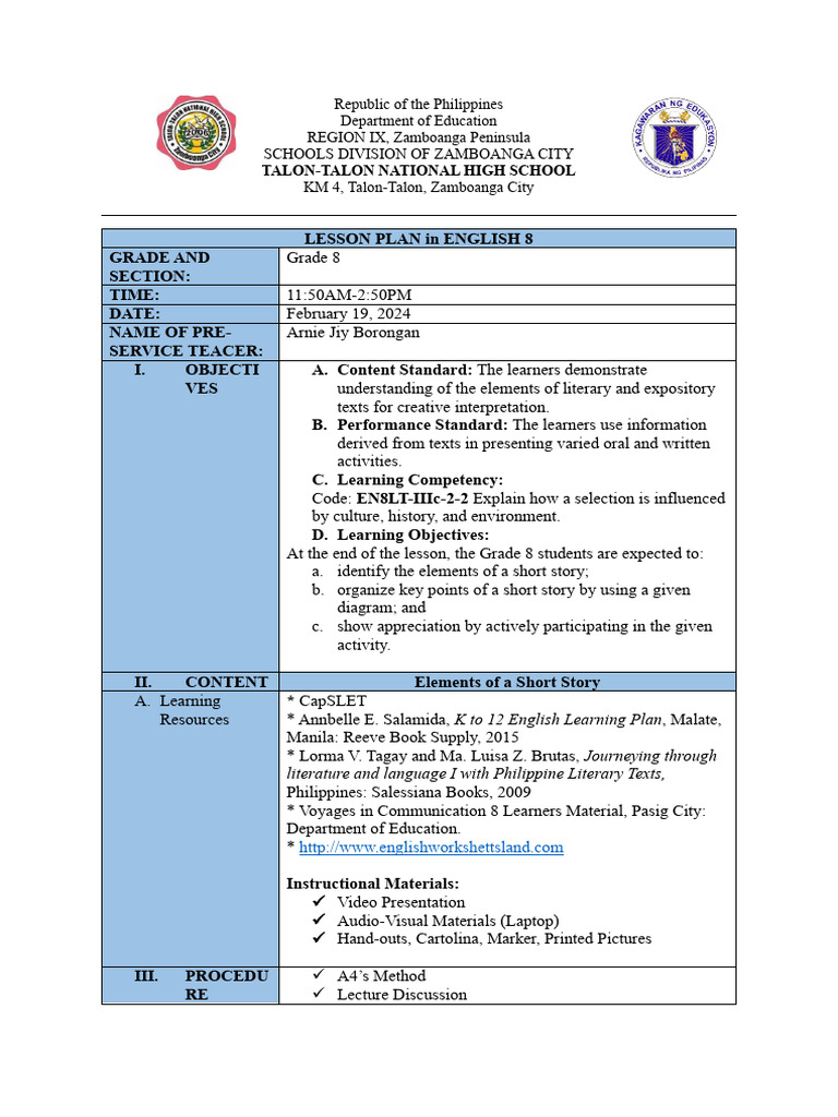 English 8 Lesson Plan: Short Story Elements | PDF | Plot (Narrative)