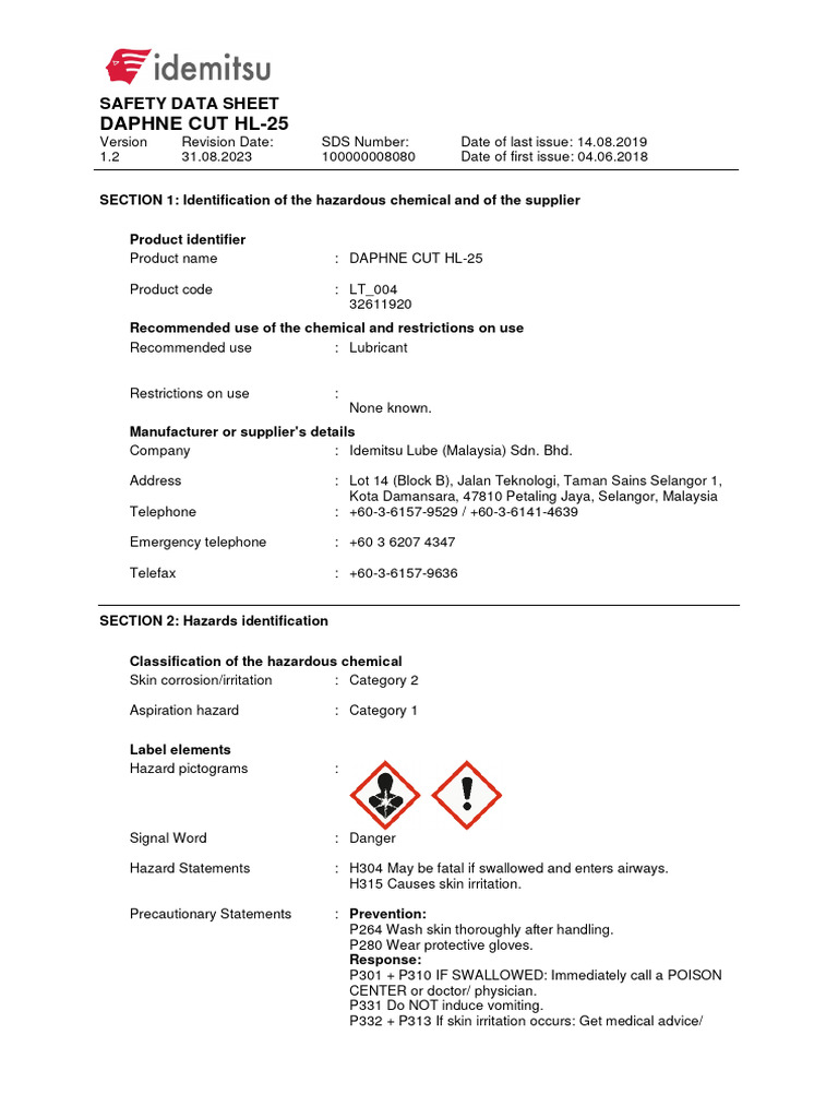 DAPHNE CUT HL-25 | PDF | Dangerous Goods | Safety