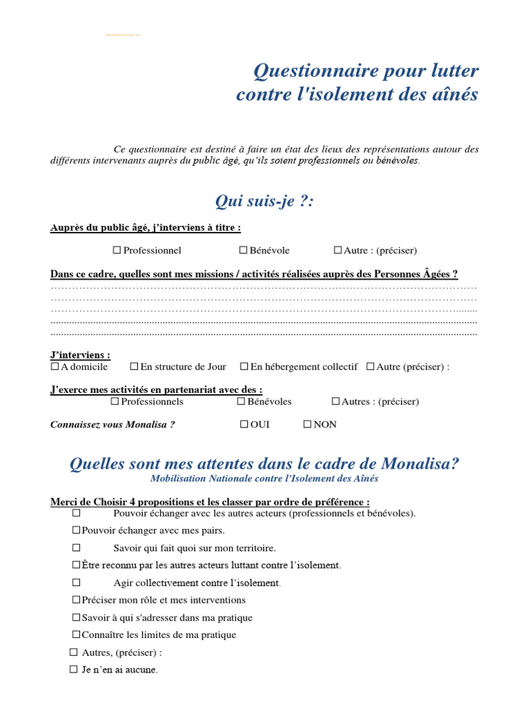 Questionnaire Lutte Contre L Isolement | PDF