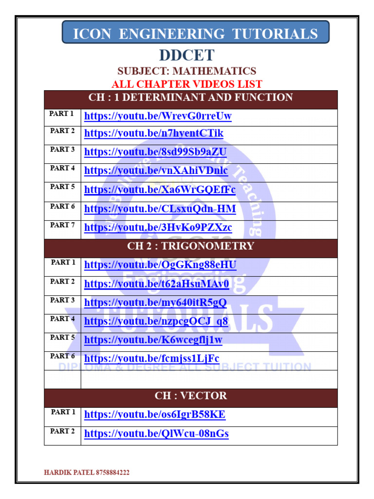 Mathematics All Chapter Videos Link | PDF
