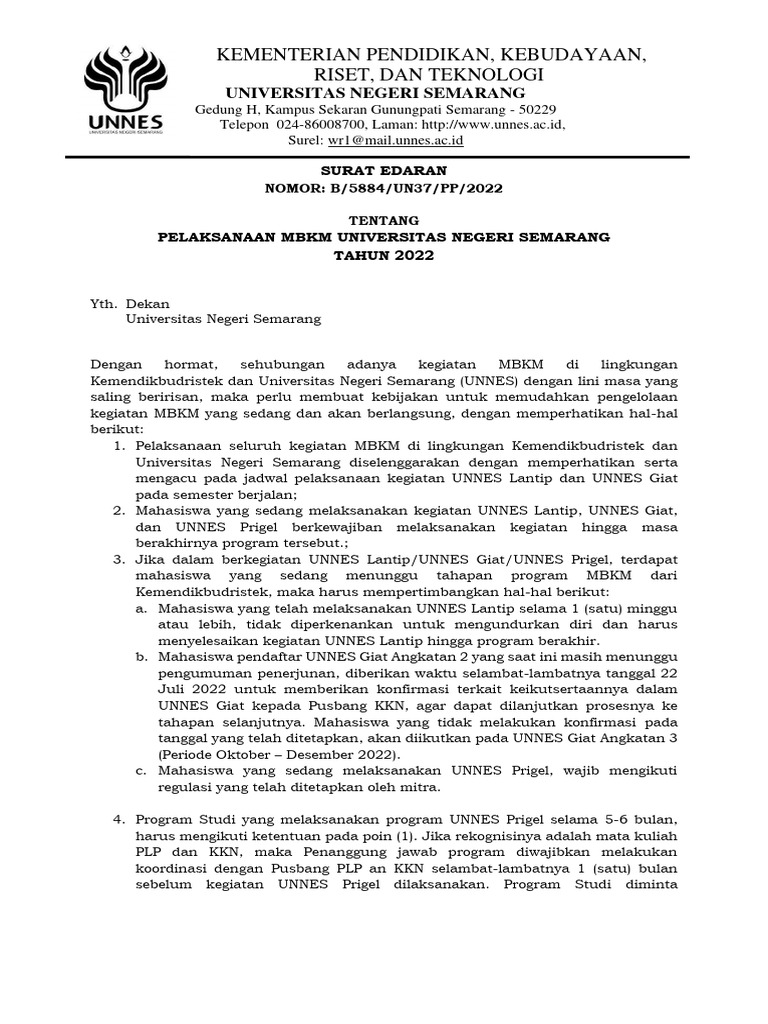 Surat Edaran Pelaksanaan MBKM 2022 - 19 Juli 2022 - Revisi - TTD | PDF