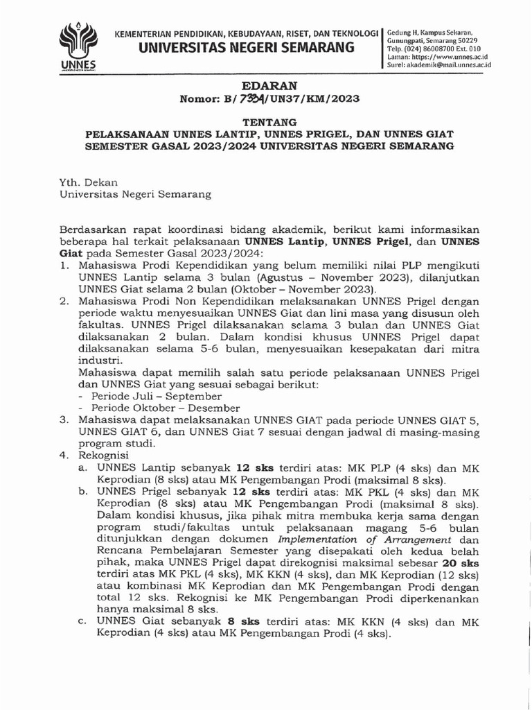 Edaran Pelaksanaan UNNES Giat-UNNES Prigel-UNNES Lantip SMT Gasal 2023 ...